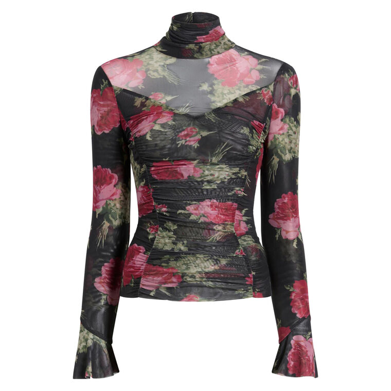 Cinq à Sept Lucy Long Sleeve Baroque Roses Sheer Turtleneck Top | Tootsies